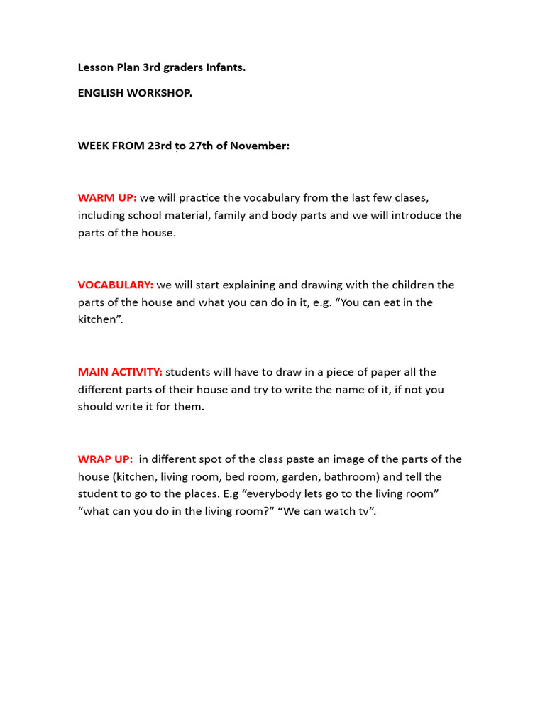 3rd Grade English Lesson Plan: House Parts | PDF