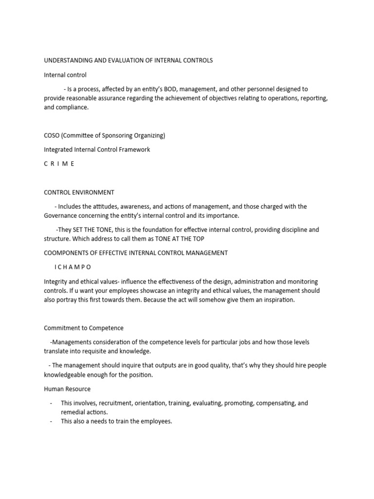 Understanding and Evaluation of Internal Controls | PDF | Internal ...