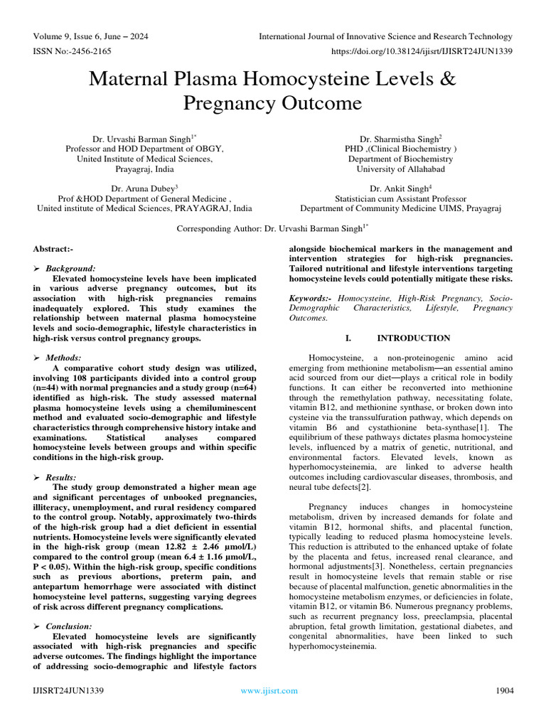 Maternal Plasma Homocysteine Levels & Pregnancy Outcome | PDF ...