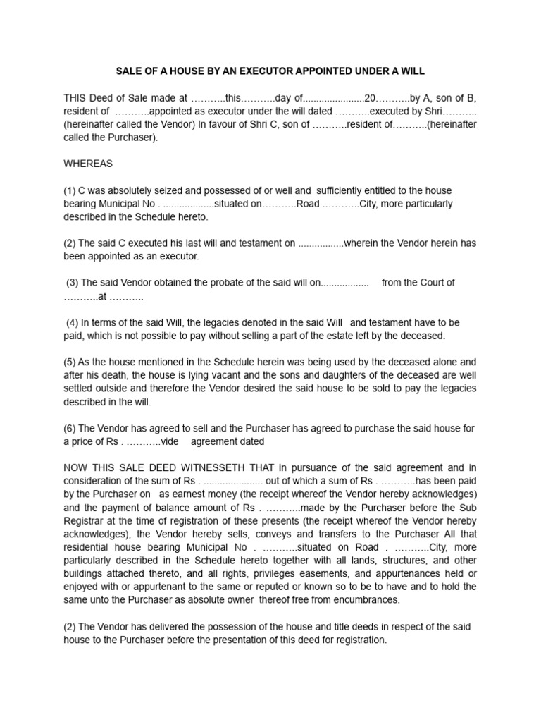 Sale of A House by An Executor Appointed Under A Will | PDF | Probate ...