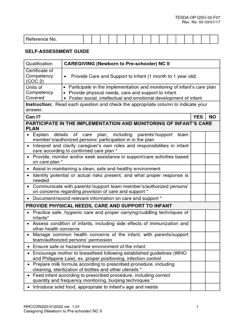 3 SAG - Caregiving (Infant) NC II - COC2 | PDF | Infants | Caregiver