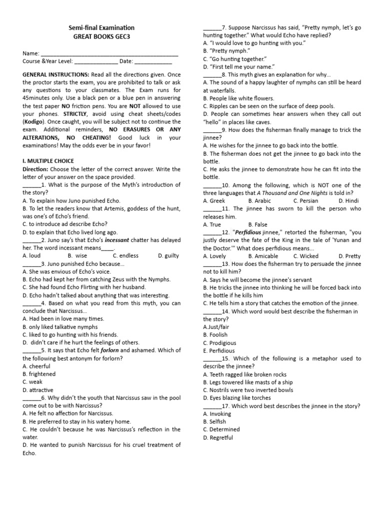 Great Books GEC3 Semi-Final Exam Guide | PDF