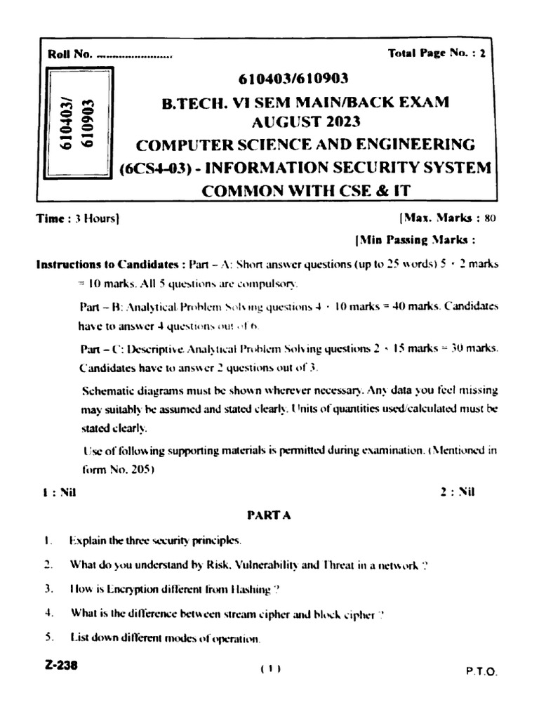 Btech Cs It 6 Sem Information Security System 610403 Aug 2023 | PDF Btech Cs It 6 Sem Information Security System 610403 Aug 2023 | PDF