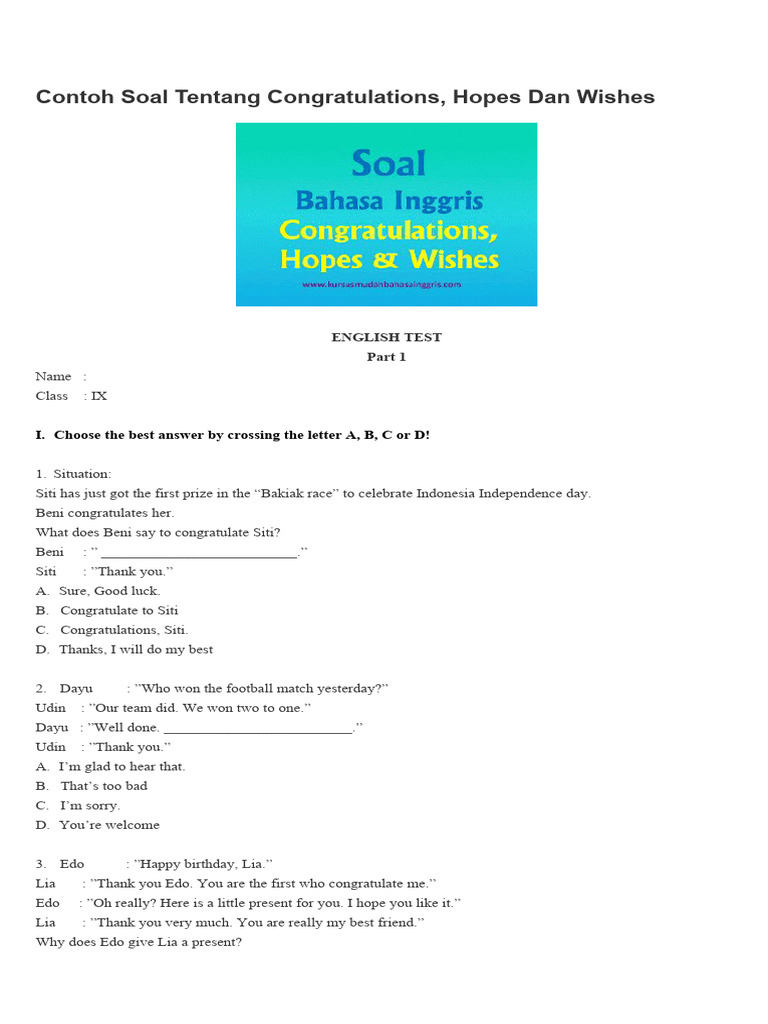 LATIHAN SOAL CONGRATULATION. WISH AND HOPE | PDF