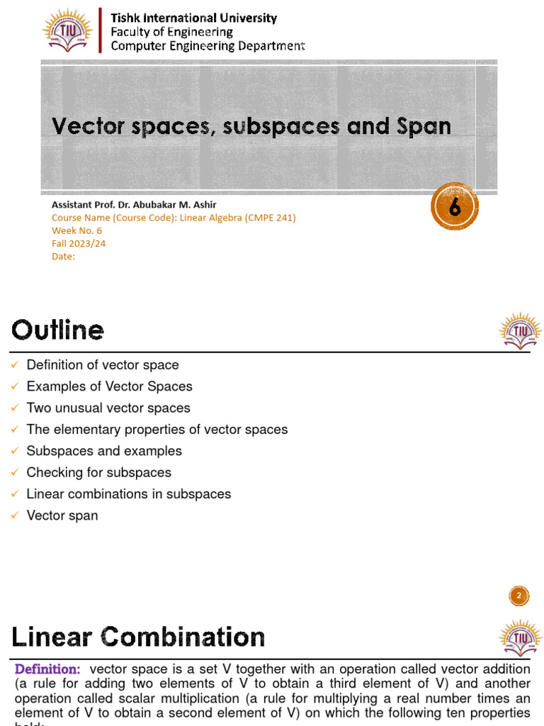 6 7 Vector Space Subspace Span Linear Independence Basis and Dimension | PDF | Linear Subspace ...