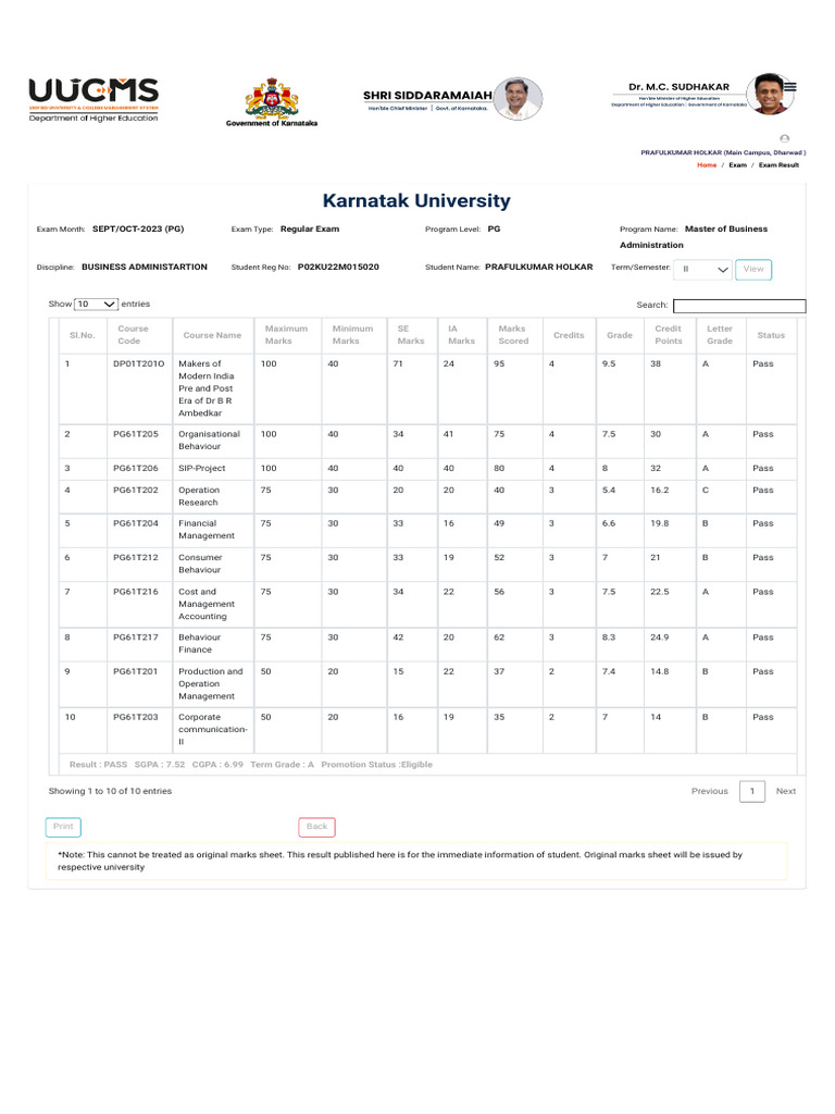 MBA 2nd Sem Results UUCMS - Unified University College Management ...