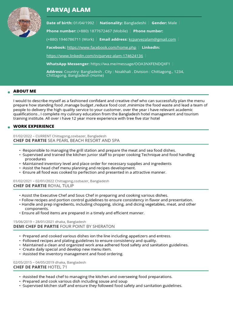 Parvaj Alam CV | PDF | Chef | Food And Drink Preparation