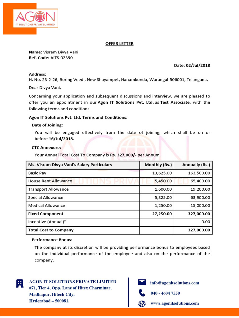 Visram Divya Vani - Offer Letter (Agon IT Solutions) | PDF | Indemnity | Business