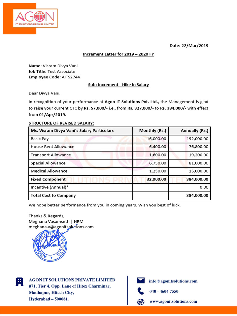 Visram Divya Vani - Increment Letter 2019 (Agon IT Solutions) | PDF