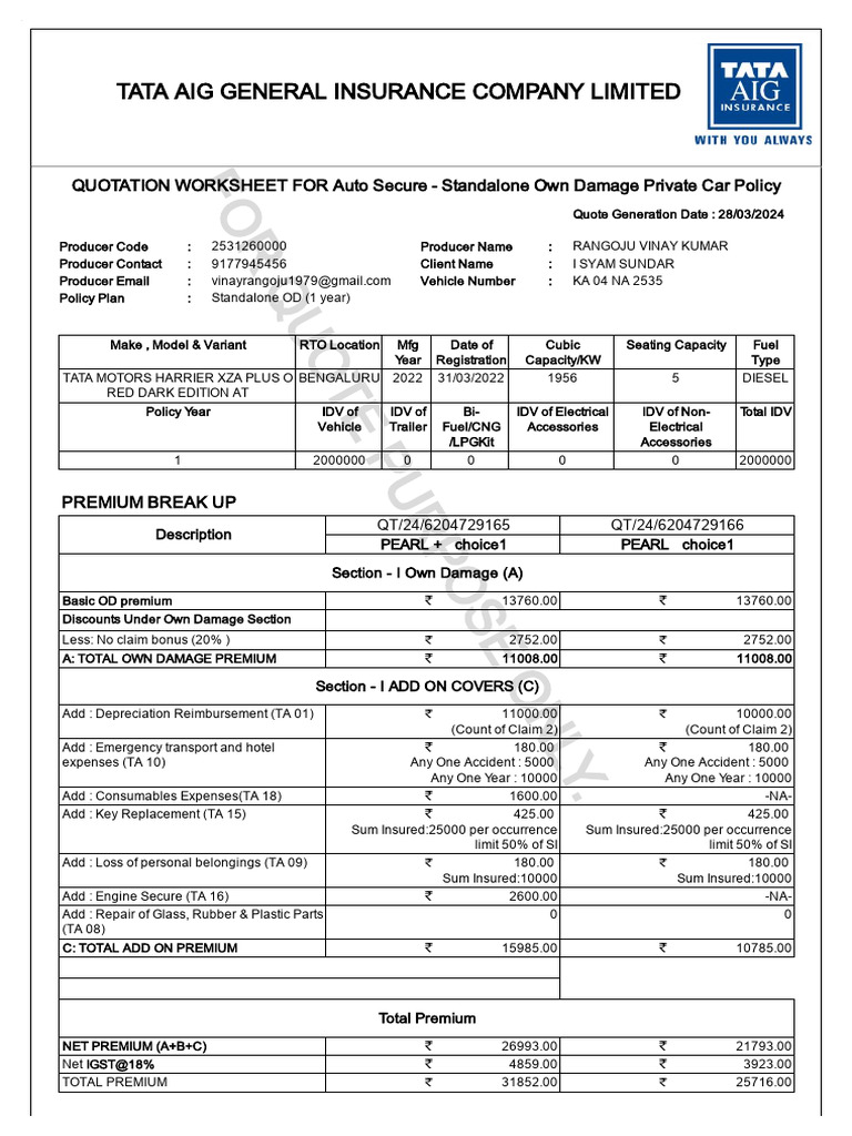 Tata AIG Motor Premium Quote - 3184 - QT - 24 - 6204729165 - QT - 24 ...