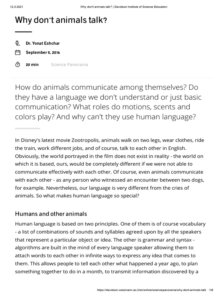 Why Animals Can't Speak Human Language | PDF | Communication | Pheromone