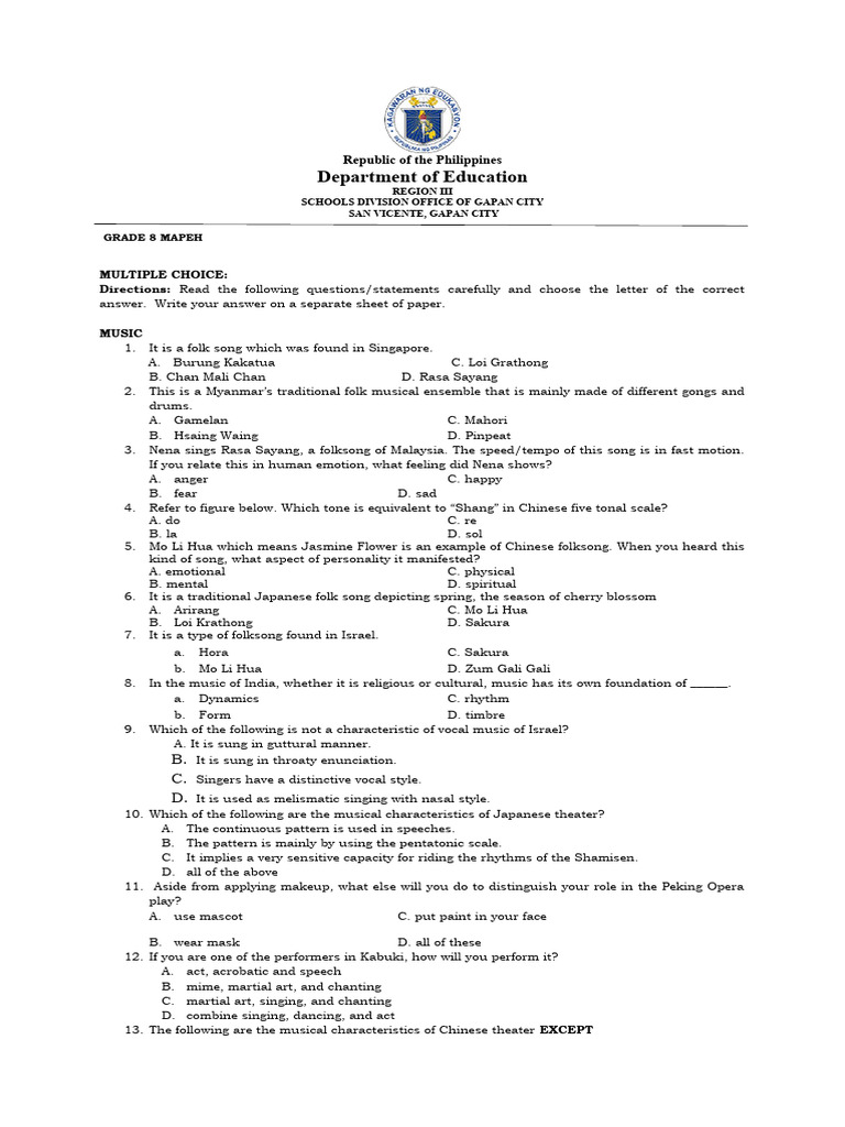 GRADE 8 MAPEH Post Test | PDF | Singing