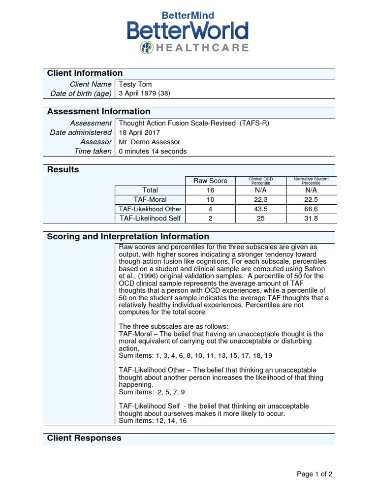Thought Action Fusion Scale Revised Tafs R | PDF | Cognition | Social ...