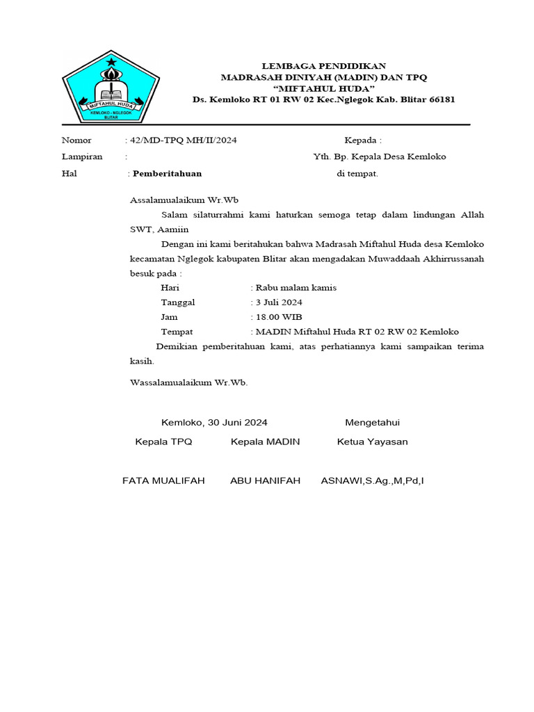 Undangan Muwaddaah Akhirrussanah MADIN | PDF