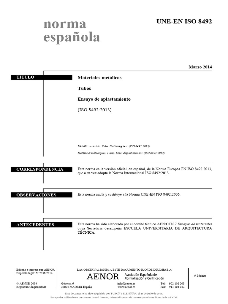 Une en Iso - 8492 2014 | PDF | Organización internacional para la estandarización | Estandarización