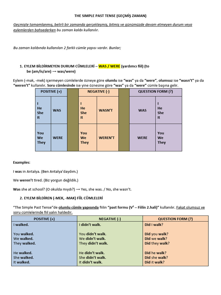 10.sinif Ingilizce The Simple Past Tense Gecmis Zaman Konu Anlatimi | PDF