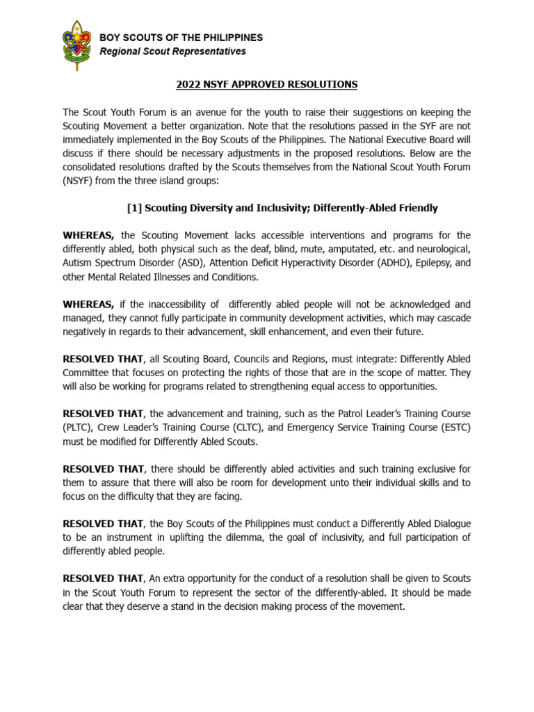 -SAMPLE RESOLUTIONS- 2022 NSYF Approved Resolutions | PDF | Disability ...