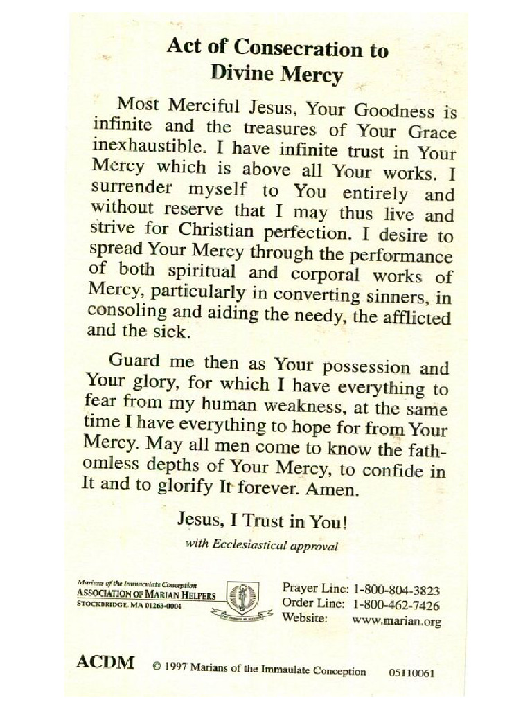 Act of Consecration To Divine Mercy Prayer | PDF