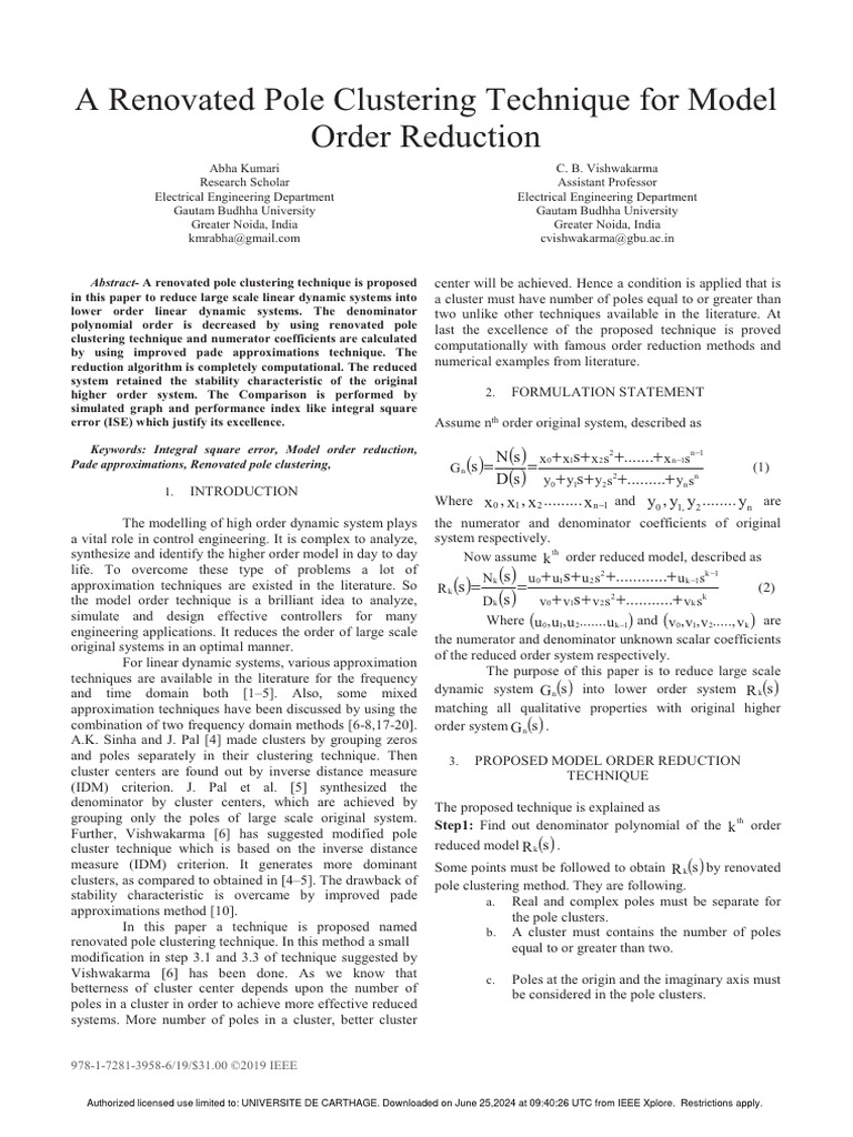 A Renovated Pole Clustering Technique For Model Order Reduction 2019 | PDF | Cluster Analysis ...