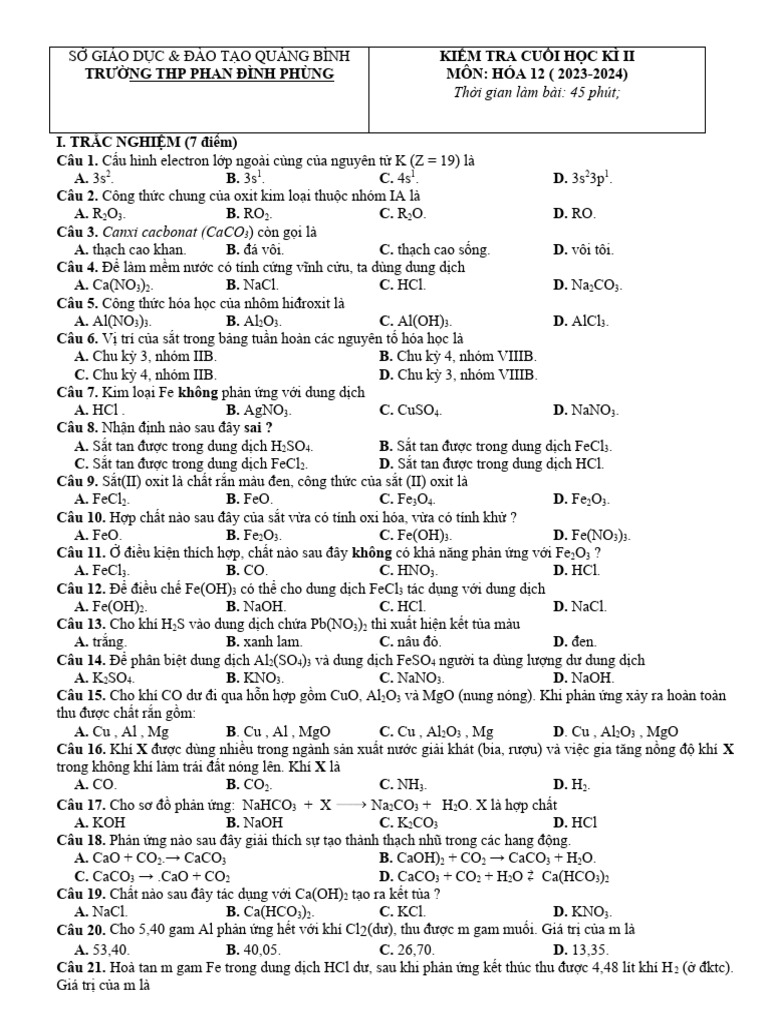De Kiem Tra Cuoi Ki 2 Hoa 12 | PDF