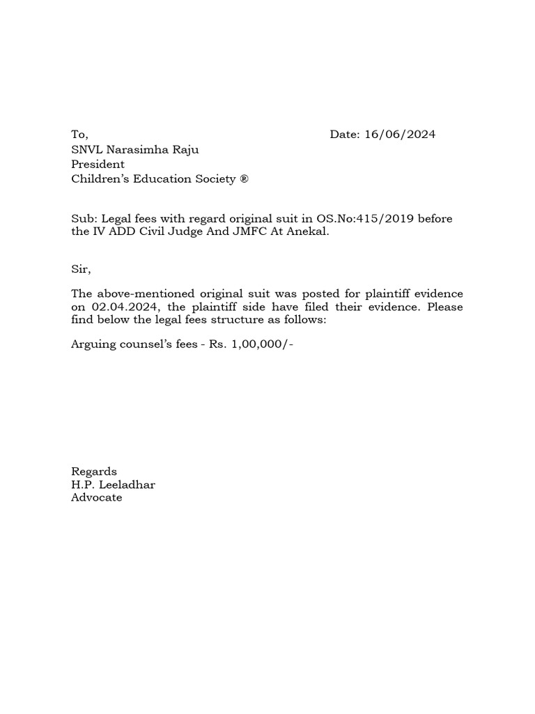 Children Education Society Legal Fees Letter | PDF