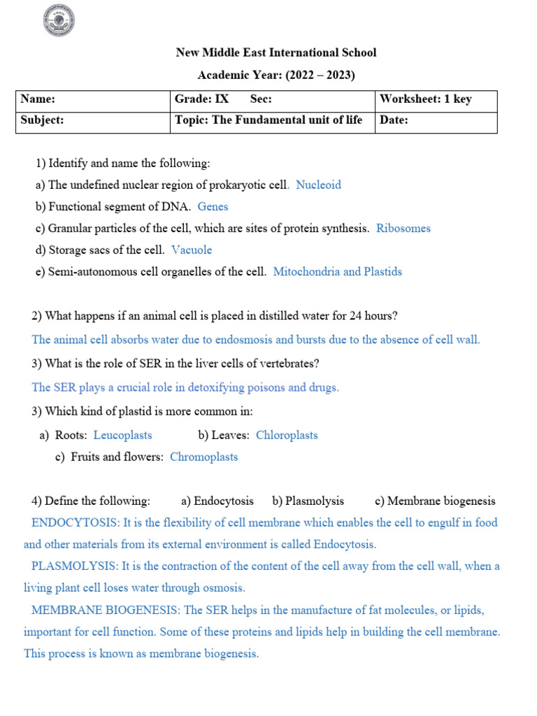 ch 5 worksheet 1 | PDF | Cell (Biology) | Osmosis