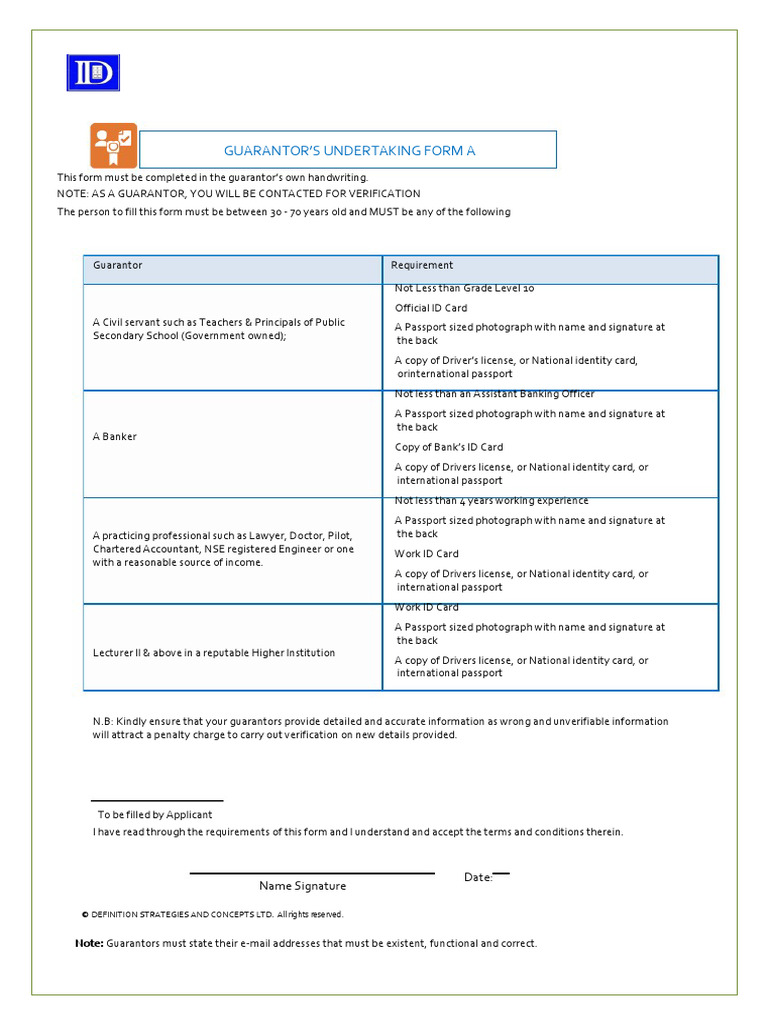 DSCL Guarantor Form | PDF | Identity Document | Signature