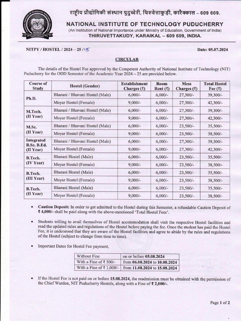 Hostel Fee Circular - Odd Sem AY 2024-25 | PDF