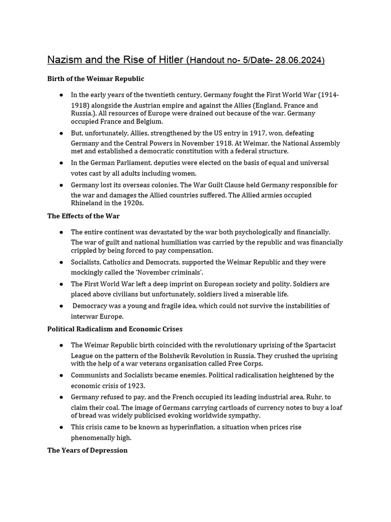 Nazism and The Rise of Hitler (: Handout No-5 /date - 28.0 6 .202 4 ...