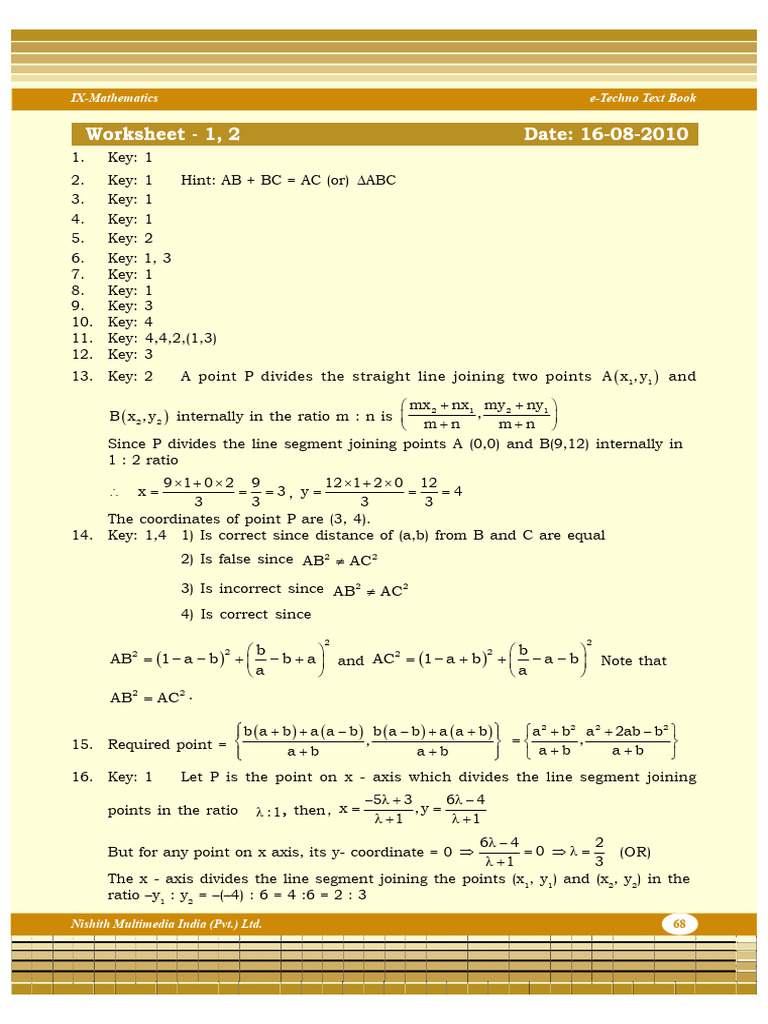 XI - Maths - Chapter 10 - Sol The Straight Line-I | PDF | Classical Geometry | Mathematical Concepts