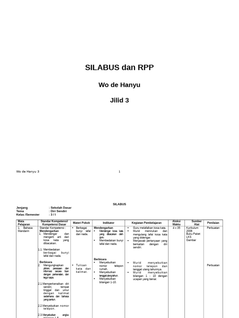 Silabus RPP Mandarin SD Kelas 3 | PDF