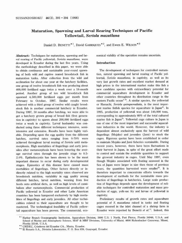Benetti 1998 Maturation, Spawning and Larval Rearing Techniques of Pacific | PDF