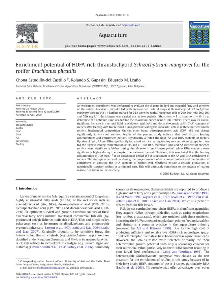 HUFA Enrichment in Rotifers Using S. mangrovei | PDF | Docosahexaenoic ...