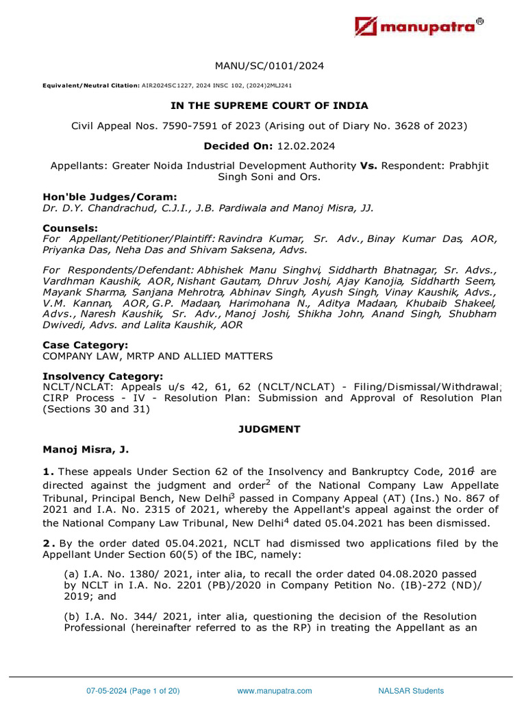Greater Noida Industrial Development Authority vs. Prabhjit Singh Soni ...