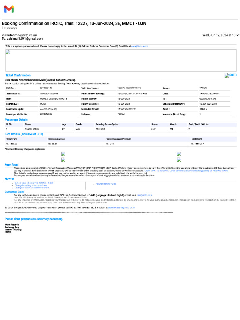Gmail - Booking Confirmation On IRCTC, Train - 12227, 13-Jun-2024, 3E ...