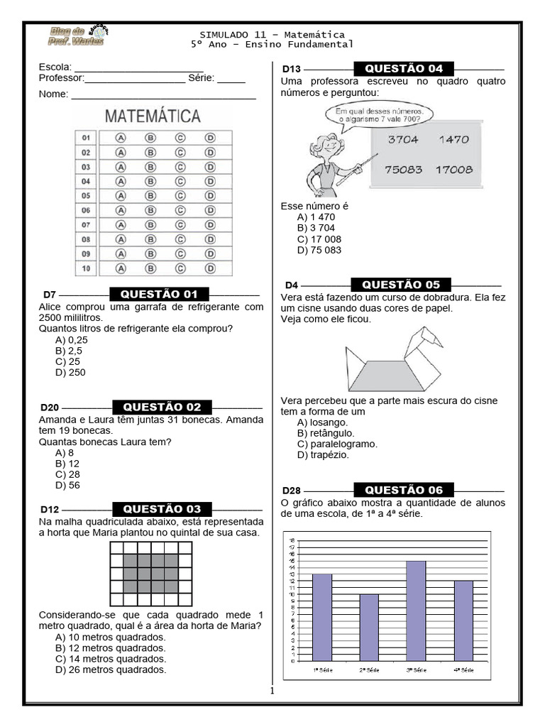 Simulado 11 (Mat. 5º Ano) - Blog Do Prof. Warles | PDF