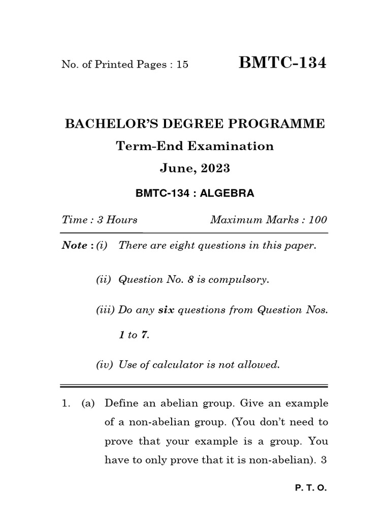 June - 2023 BMTC-134 | PDF | Group (Mathematics) | Ring (Mathematics)