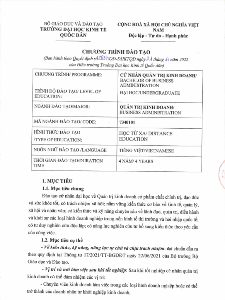 Khung CTĐT Ngành QTKD | PDF