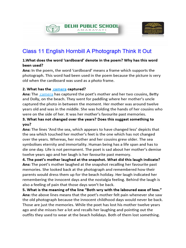 A Photograph: Class 11 English Analysis | PDF | Memory | Laughter
