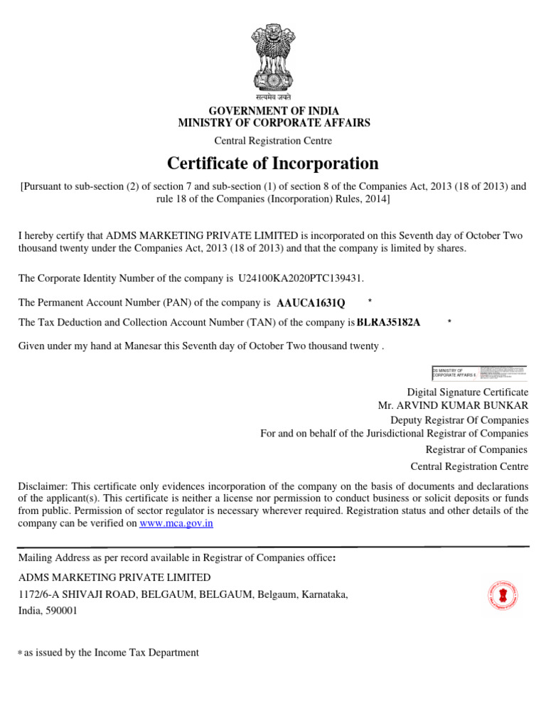 Certificate of Incorporation: Government of India Ministry of Corporate ...