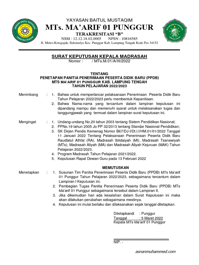 SK Panitia PPDB MTS 2022 | PDF