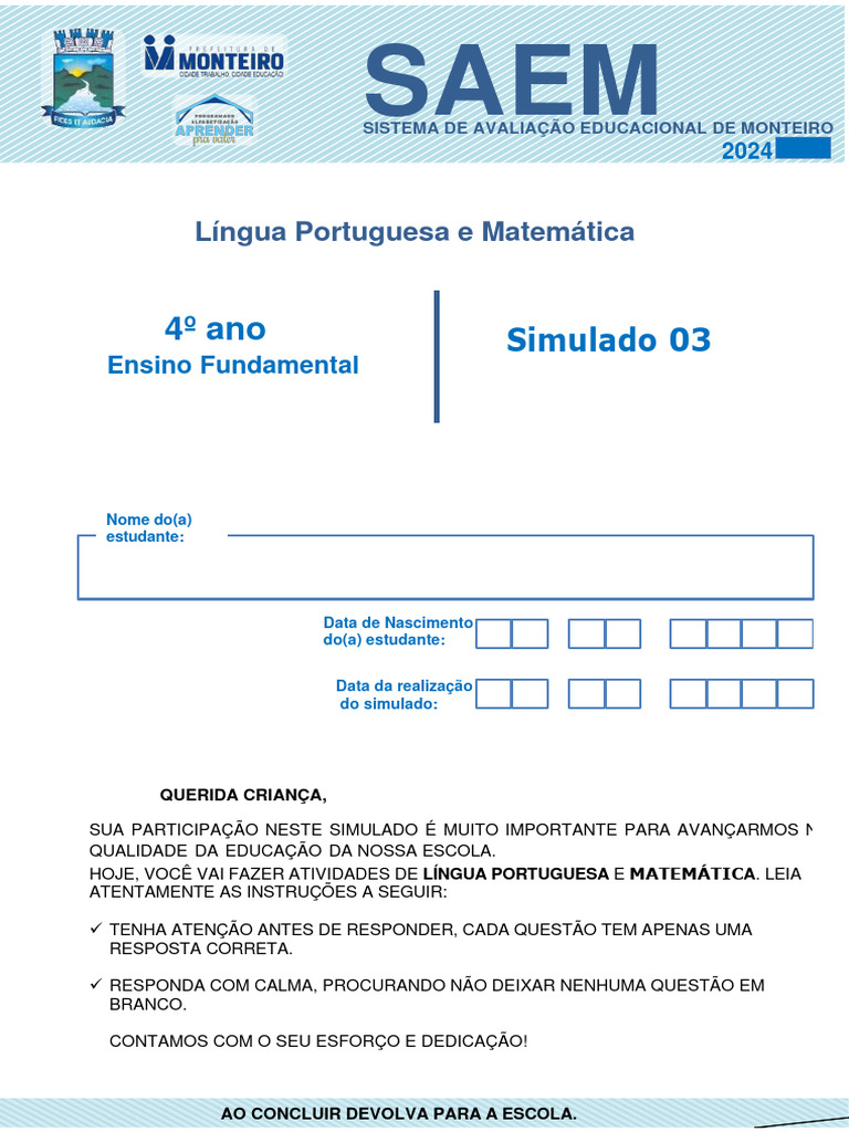 4º Ano - 3º Simulado LP e Mat | PDF | Metro | Floresta Amazônica