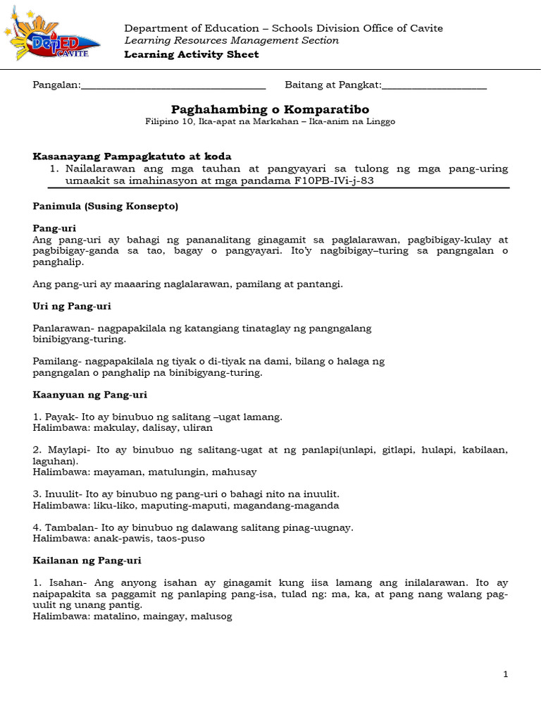 Paghahambing o Komparatibo: Learning Resources Management Section | PDF