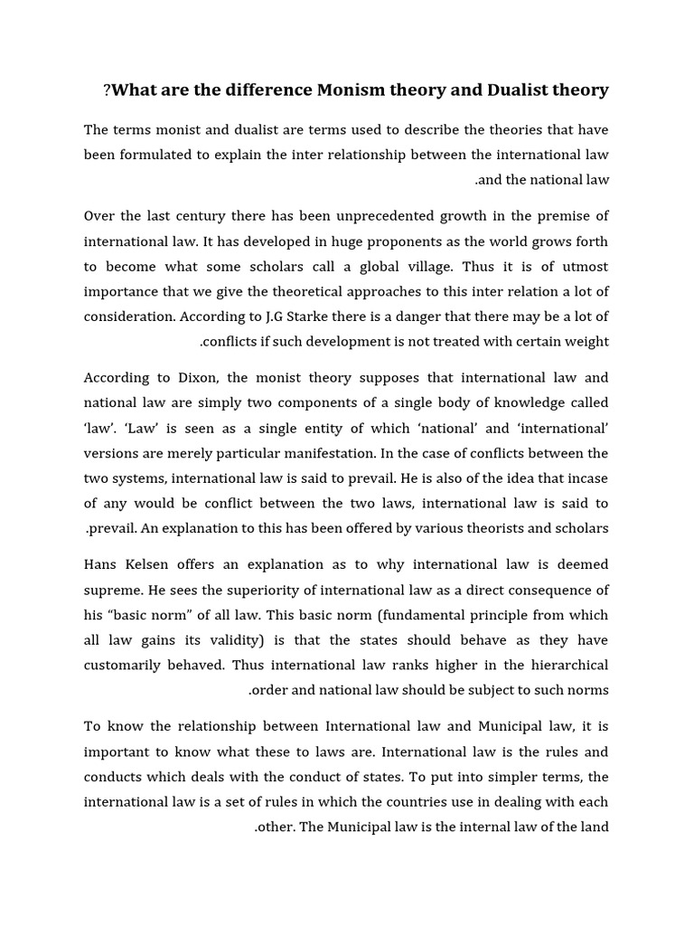 Monism and Dualism Theories | PDF | International Law | Monism