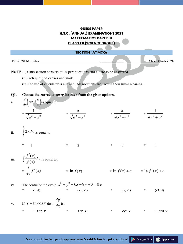 HSC 2023 Mathematics Paper-II Guess Paper | PDF | Perpendicular | Euclid