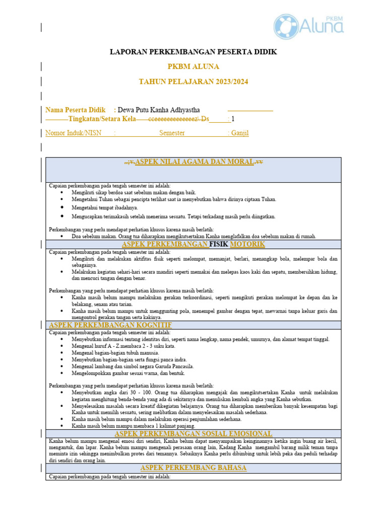 Laporan Perkembangan Kanha 2023/2024 | PDF | Karier & Perkembangan