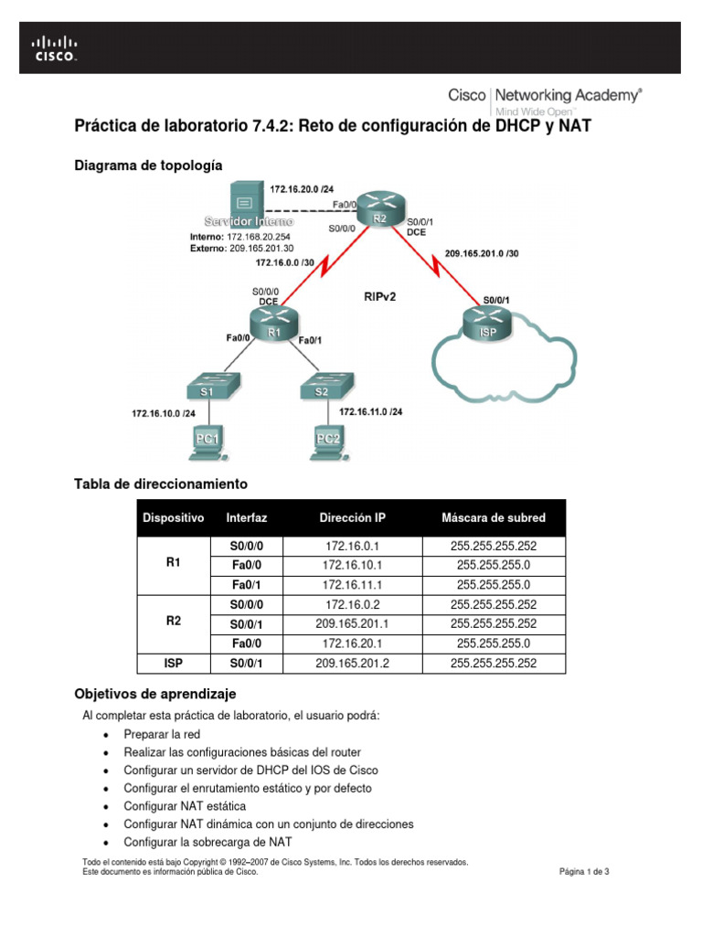 Practica de Laboratorio 7 4 2 Reto de Co | PDF | Dirección IP | Enrutador (Computación)