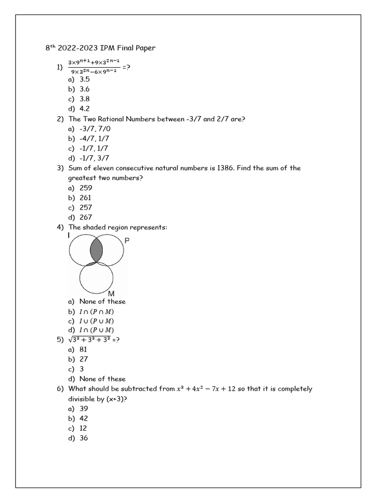 2023 IPM Grade 8 Final Exam Paper | PDF | Area | Mathematics