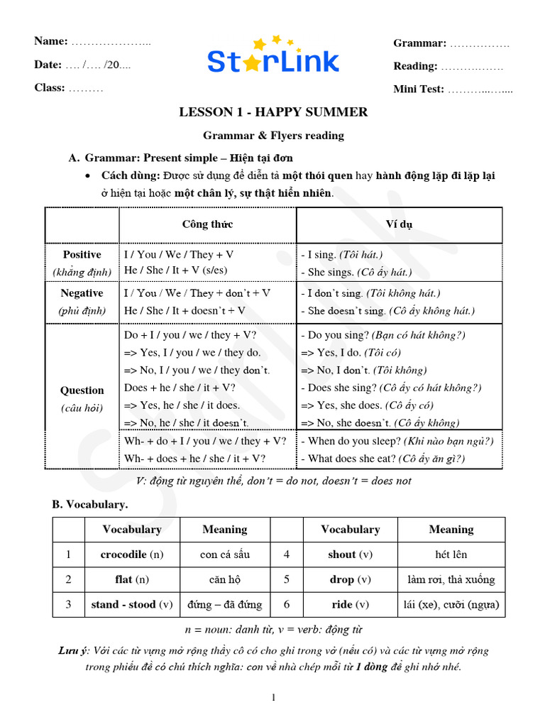 Lesson 1 - Grammar & Flyers reading | PDF