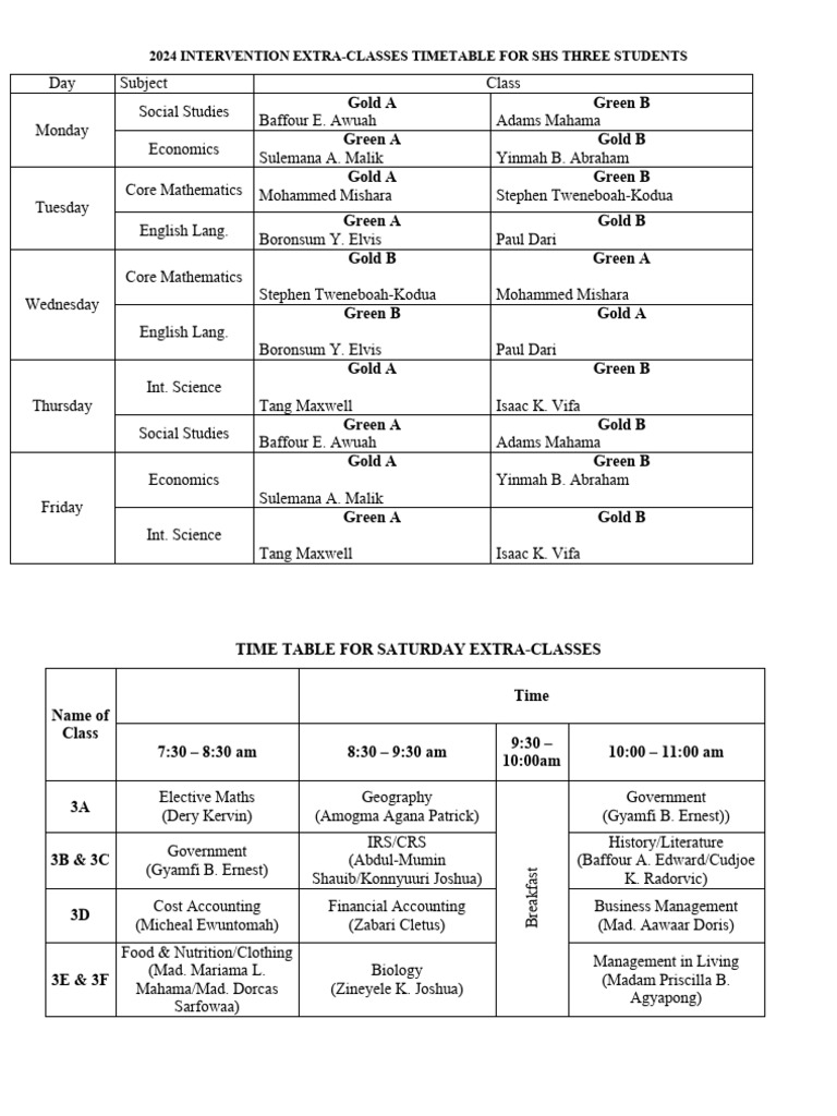 2024 SHS Three Extra-Classes Timetable | PDF | Science